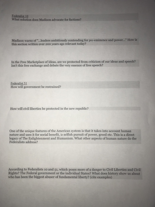 Solved Federalist 10 What solution does Madison advocate for | Chegg.com