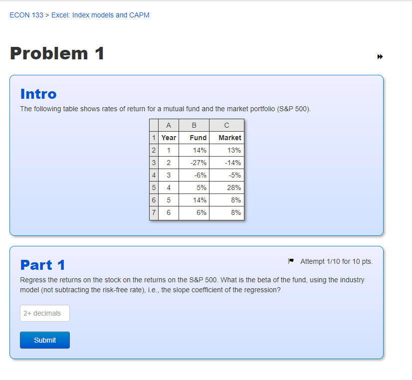 Solved ECON 133 > Excel: Index models and CAPM Problem 1 | Chegg.com