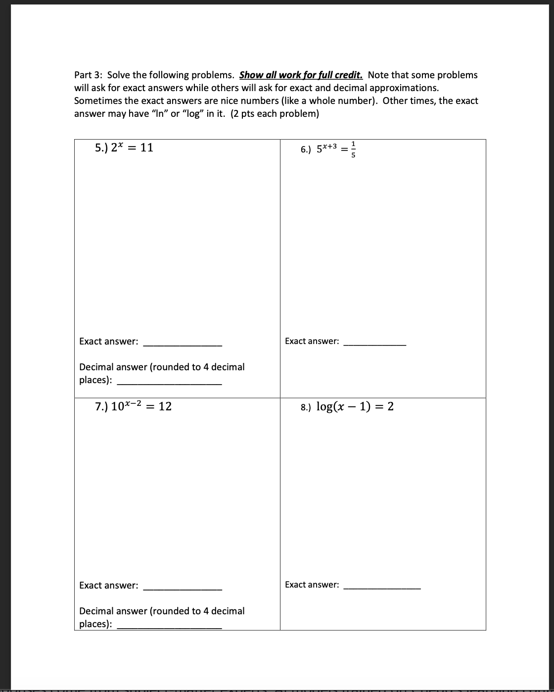 Solved Part 3: Solve the following problems. Show all work | Chegg.com