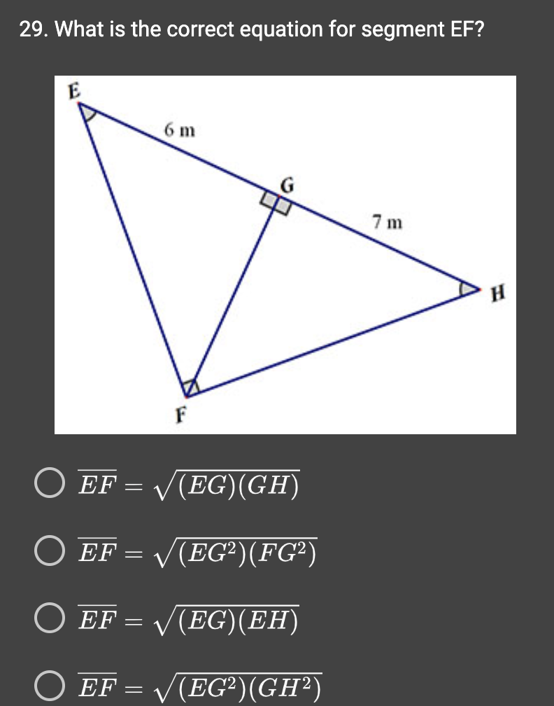 Solved EF=(EG)(GH) EF=(EG2)(FG2) EF=(EG)(EH) EF=(EG2)(GH2) | Chegg.com