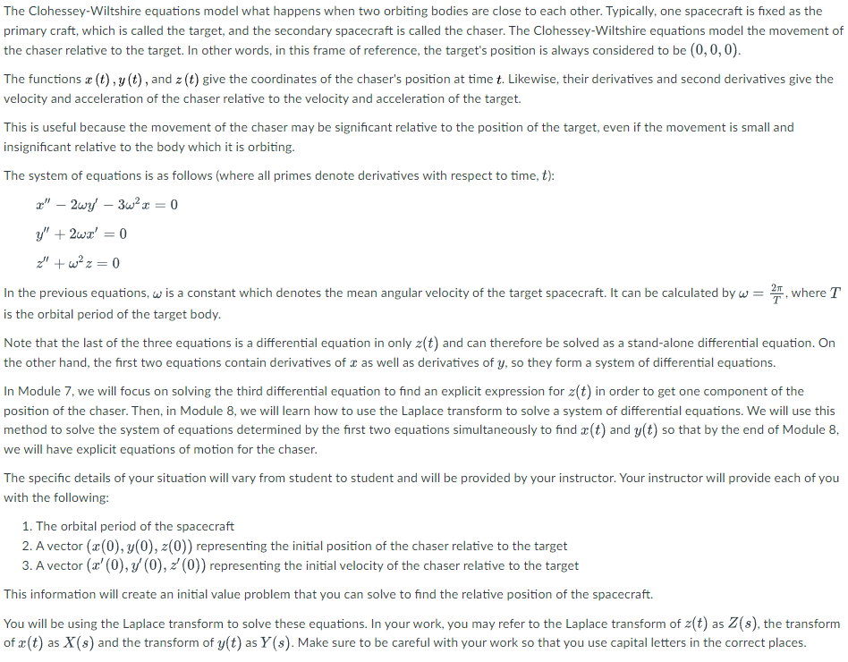 Solved The Clohessey-Wiltshire equations model what happens | Chegg.com