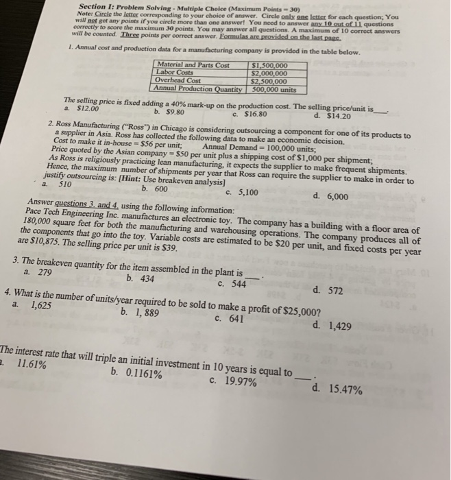 Solved Section I: Problem Solving- Multiple Choice (Maximum | Chegg.com