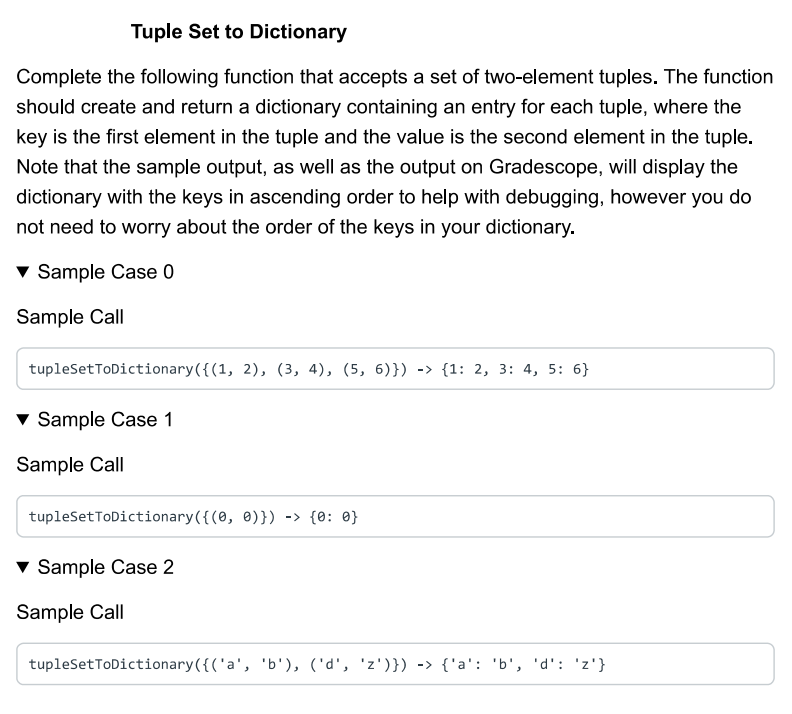 Solved Tuple Set to Dictionary Complete the following | Chegg.com