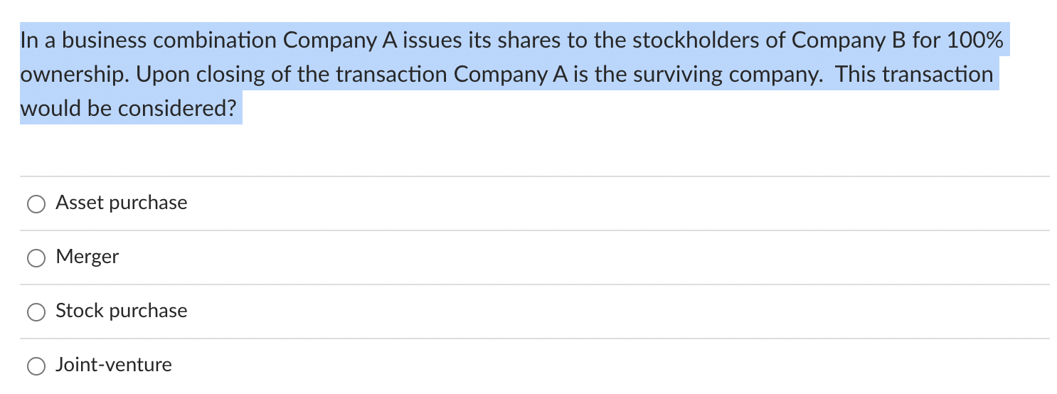 Solved In a business combination Company A issues its shares | Chegg.com