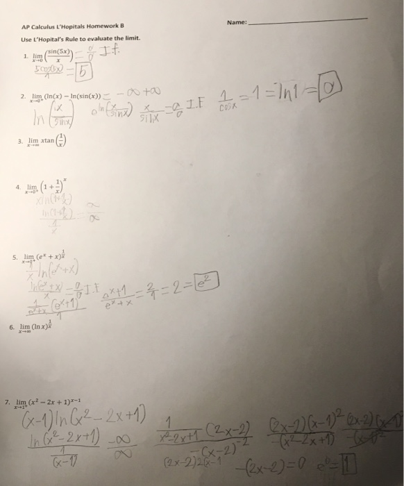 Solved AP Calculus L'Hopitals Homework B Name: Use | Chegg.com