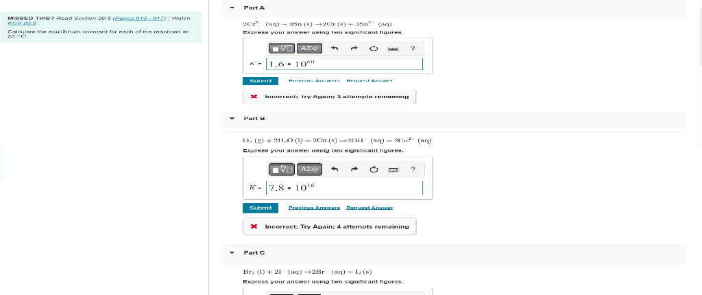 Solved QUESTION: Calculate the equilibrium constant for each | Chegg.com