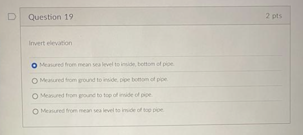 Solved Question 19 2 pts Invert elevation Measured from mean | Chegg.com