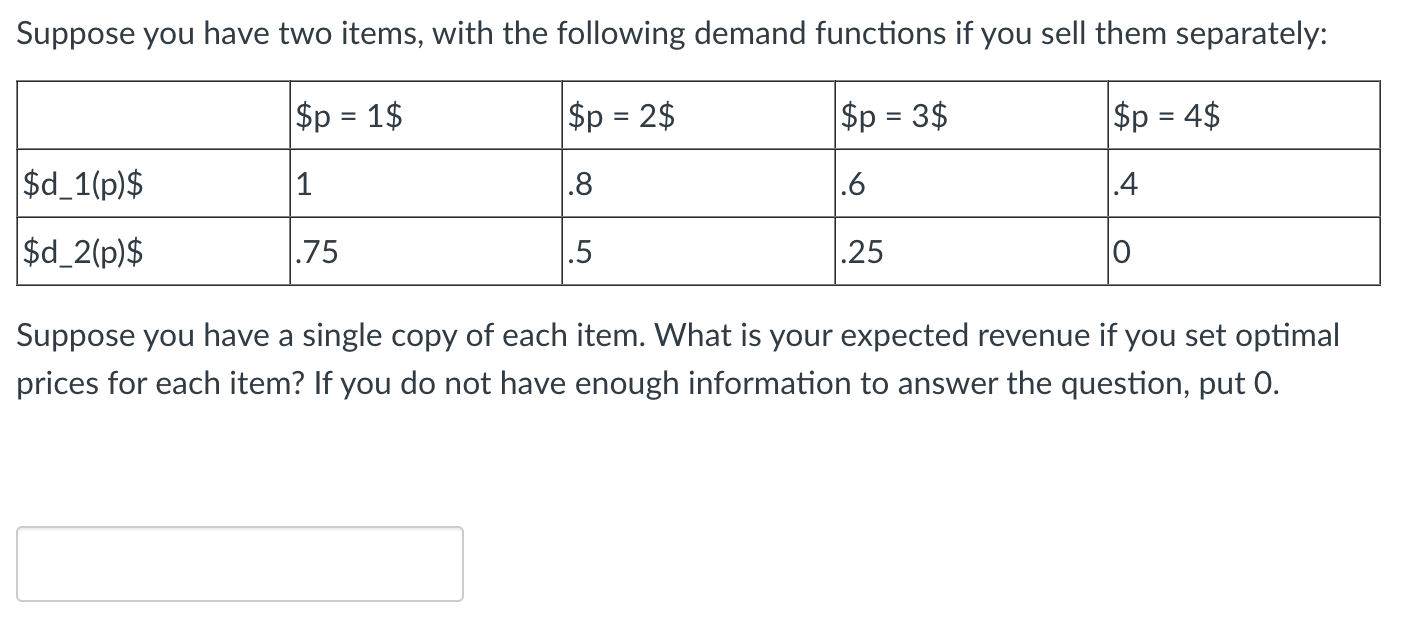 Solved Suppose you have two items, with the following demand | Chegg.com Solved Suppose you have two items, with the following demand | Chegg.com