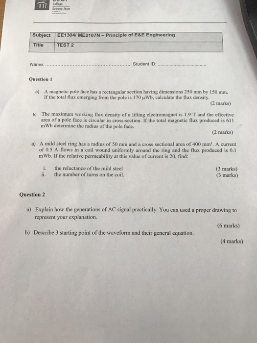 Solved Subject EE 1304/ ME2107N Principle of E&E Engineering | Chegg.com