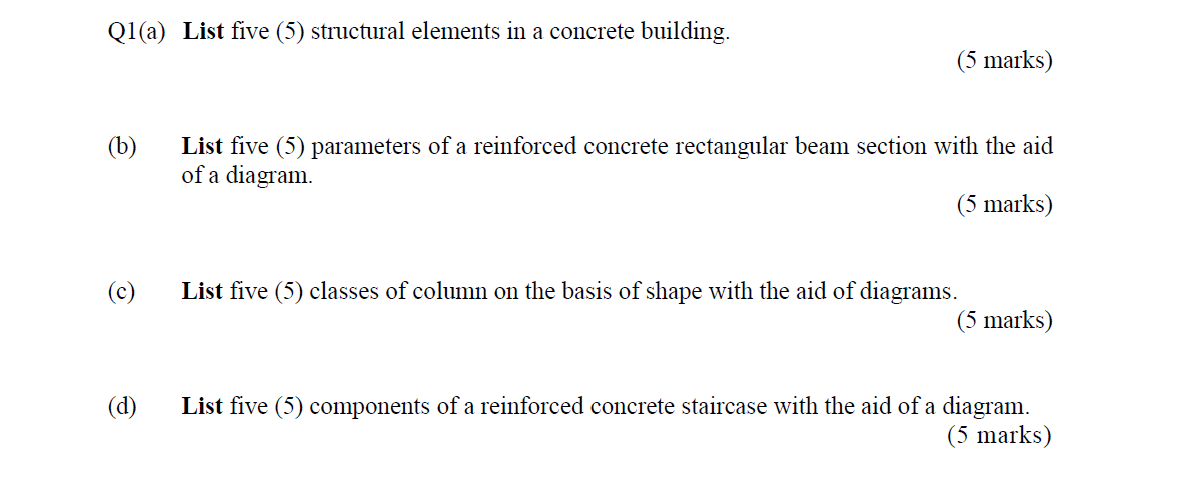 Solved Ql(a) List five (5) structural elements in a concrete | Chegg.com