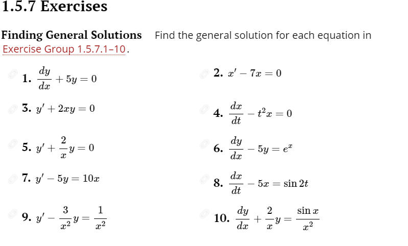 Solved 1.5.7 Exercises Finding General Solutions Find the | Chegg.com