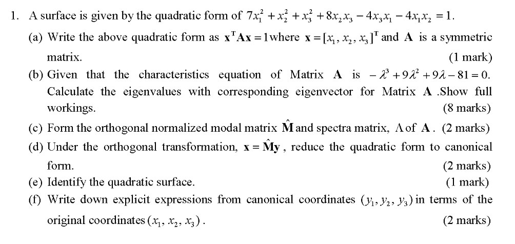 Solved 1. A surface is given by the quadratic form of 7x² + | Chegg.com