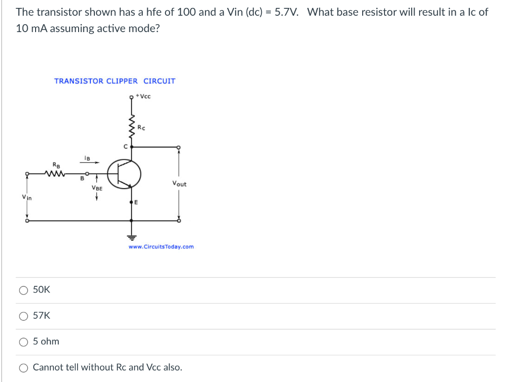 Solved The transistor shown has a hfe of 100 and a Vin (dc) | Chegg.com