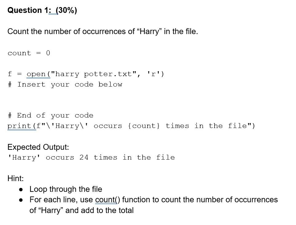 Solved Count the number of occurrences of "Harry" in the | Chegg.com