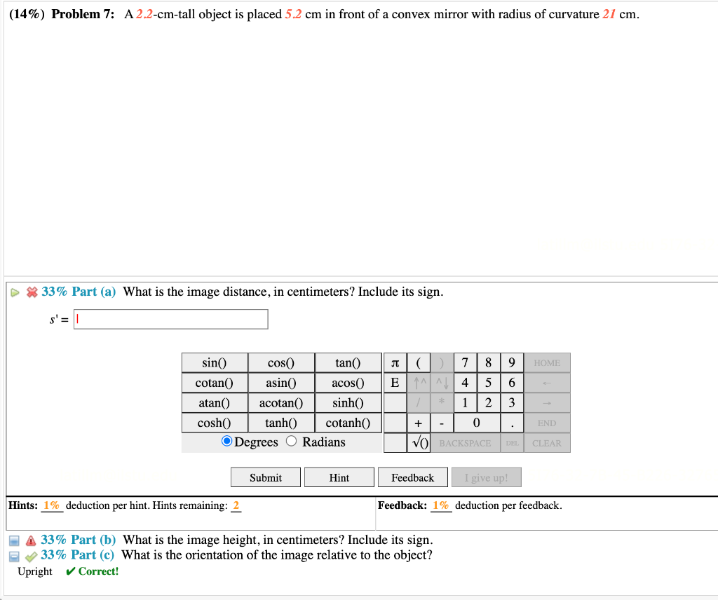 Solved (14\%) Problem 7: A 2.2−cm-tall object is placed 5.2 | Chegg.com