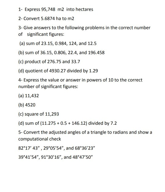 Solved 1 Express 95 748 M2 Into Hectares 2 Convert 5 6874 Chegg