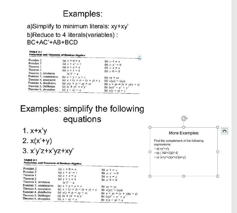 Solved Examples: a)Simplify to minimum literals: xy+xy | Chegg.com