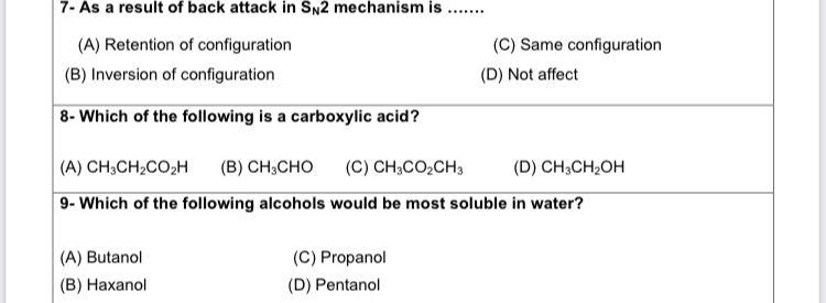 Solved 7- As a result of back attack in Sn2 mechanism is (A) | Chegg.com