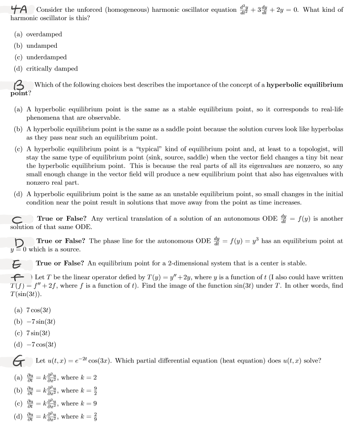 Solved 4A Consider the unforced (homogeneous) harmonic | Chegg.com