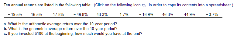 Solved a. What is the arithmetic average return over the 10 | Chegg.com