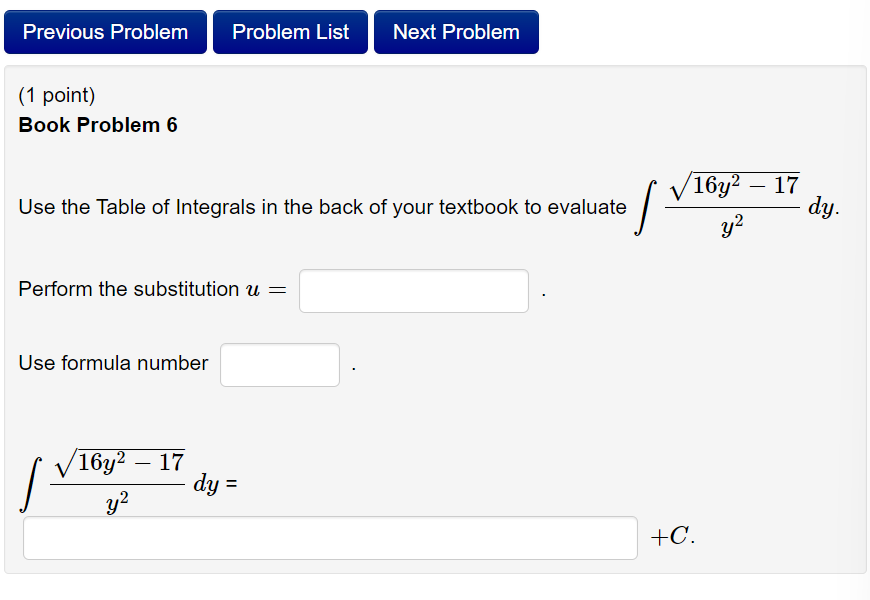 Solved (1 point) Book Problem 6 Use the Table of Integrals | Chegg.com