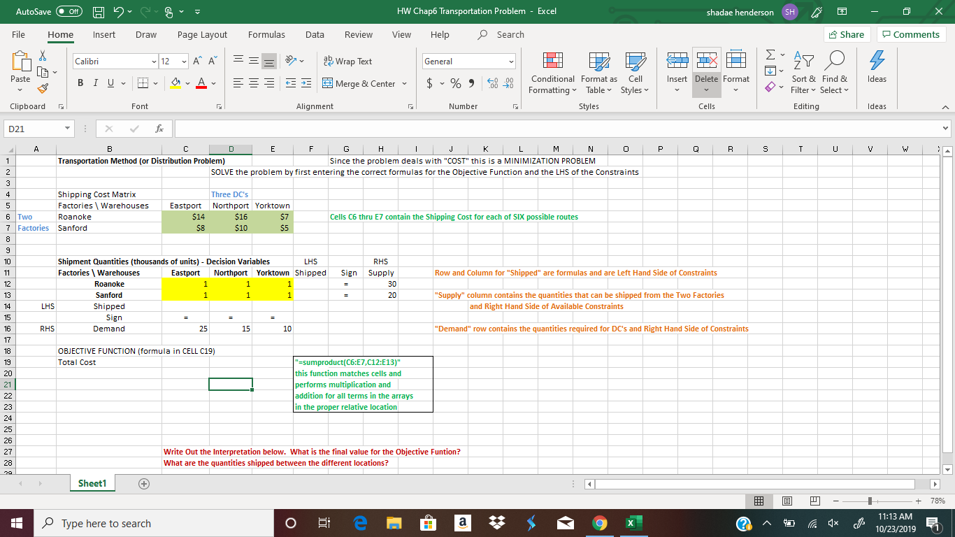 Solved HW Chap6 Transportation Problem - Excel shadae | Chegg.com