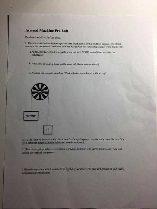 Solved Atwood Machine Pre Lab Read sections 4.1-4.5 of the | Chegg.com