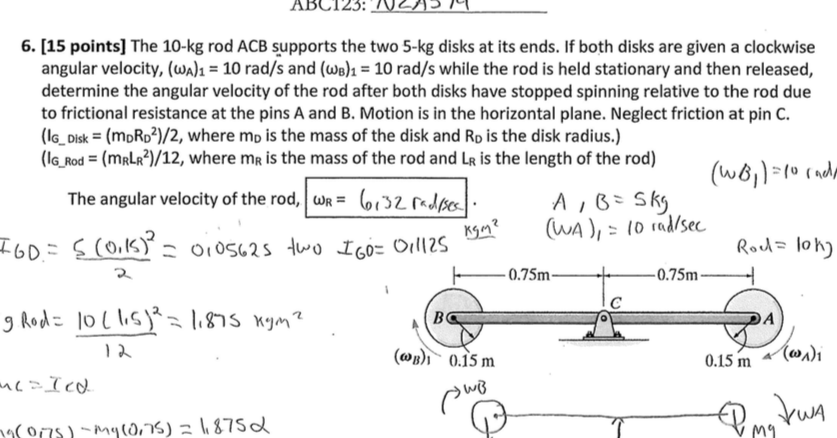 Solved ABC123: 6. [15 points] The 10-kg rod ACB supports the | Chegg.com