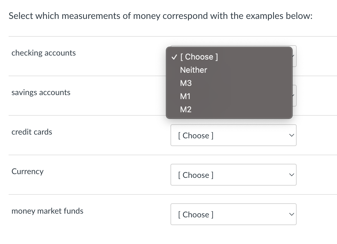 Solved Select which measurements of money correspond with | Chegg.com