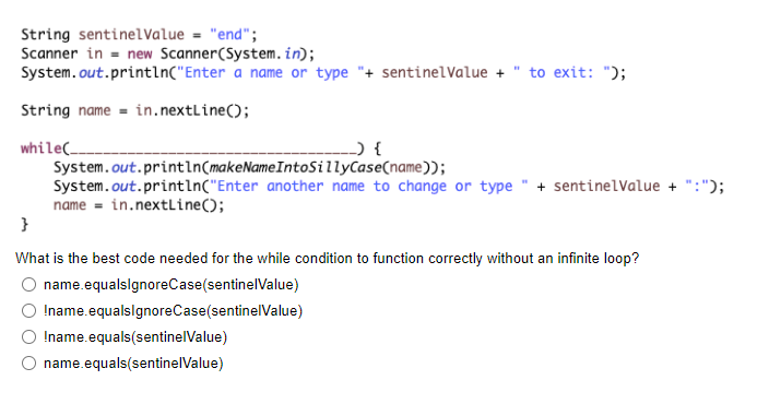 Solved String sentinelValue = "end"; Scanner in = new | Chegg.com