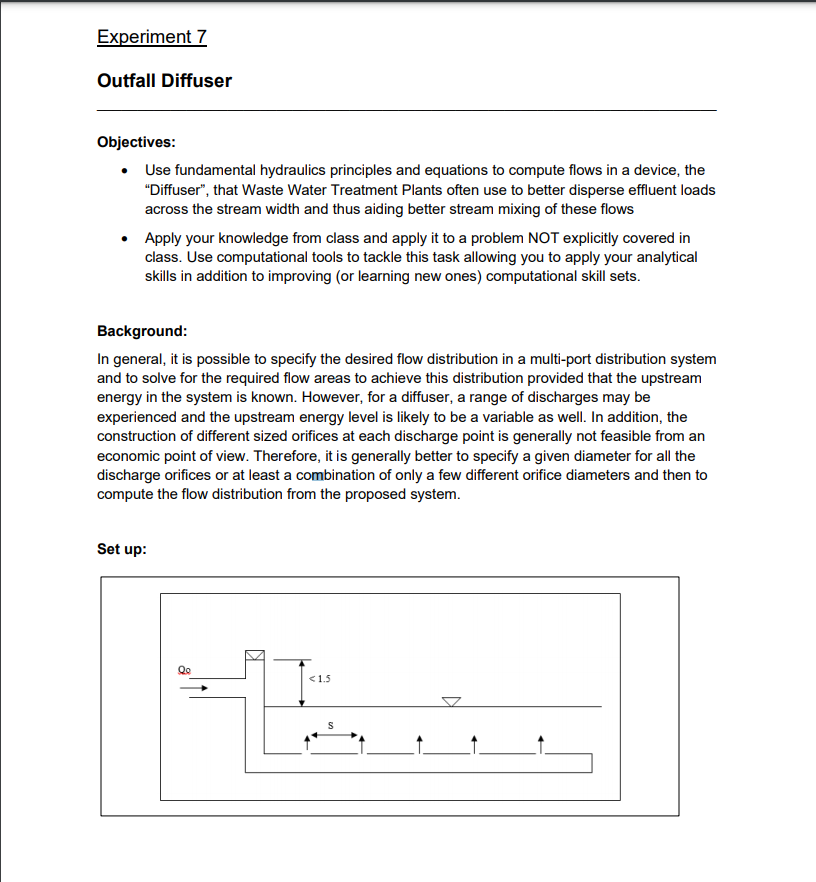 Experiment 7 Outfall Diffuser Objectives: Use | Chegg.com