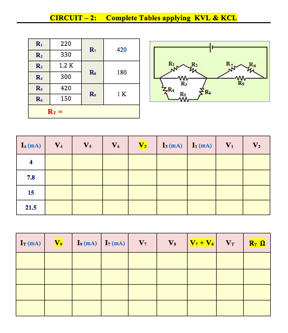 Solved CIRCUIT -2: Complete Tables applying KVL & KCL Ri 220 | Chegg.com