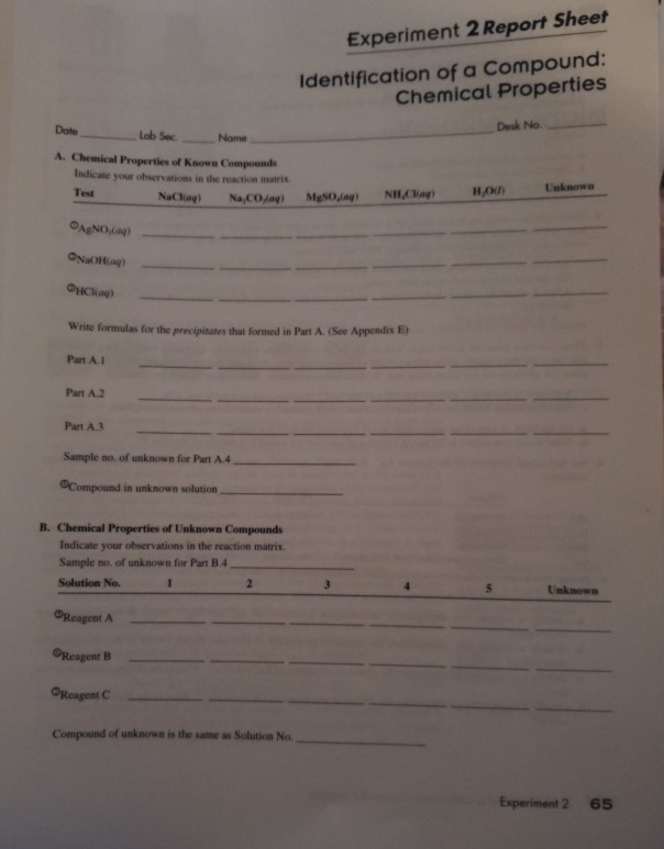 Experiment 2 Report Sheet Identification of a | Chegg.com
