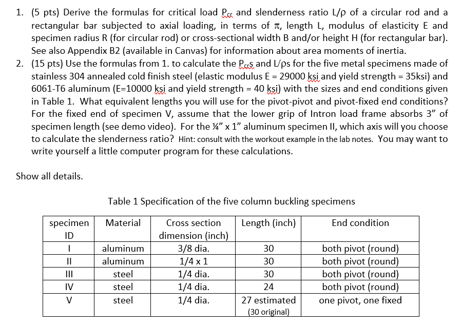 Solved 1. (5 pts) Derive the formulas for critical load Pics | Chegg.com Solved 1. (5 pts) Derive the formulas for critical load Pics | Chegg.com