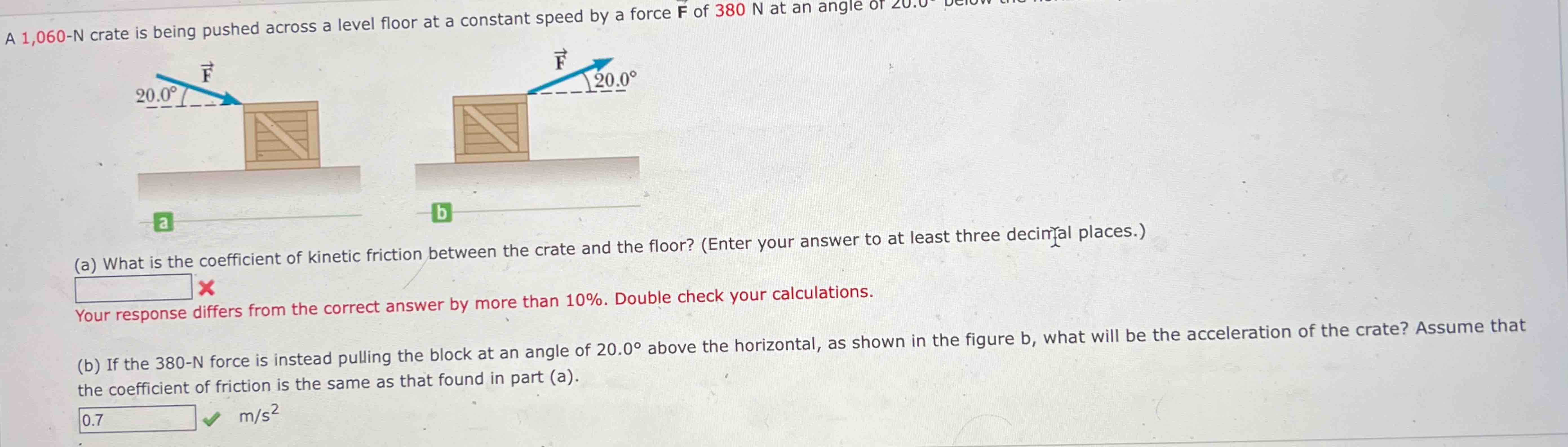 Solved A 1,060-N ﻿crate is being pushed across a level floor | Chegg.com