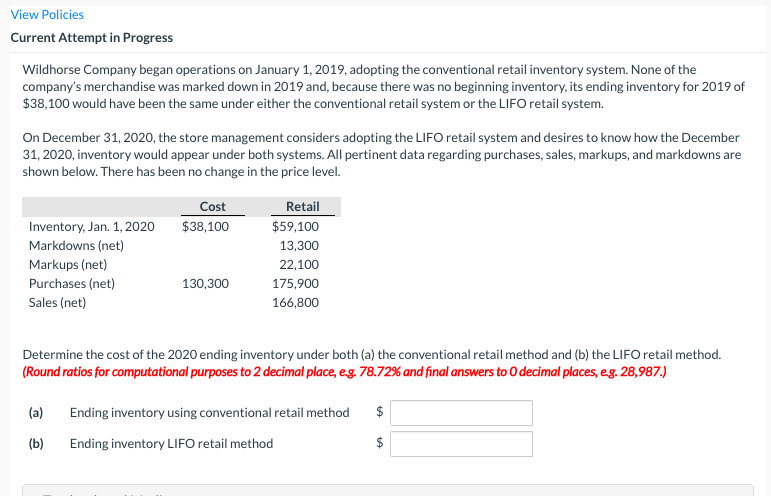 Solved View Policies Current Attempt in Progress Wildhorse | Chegg.com