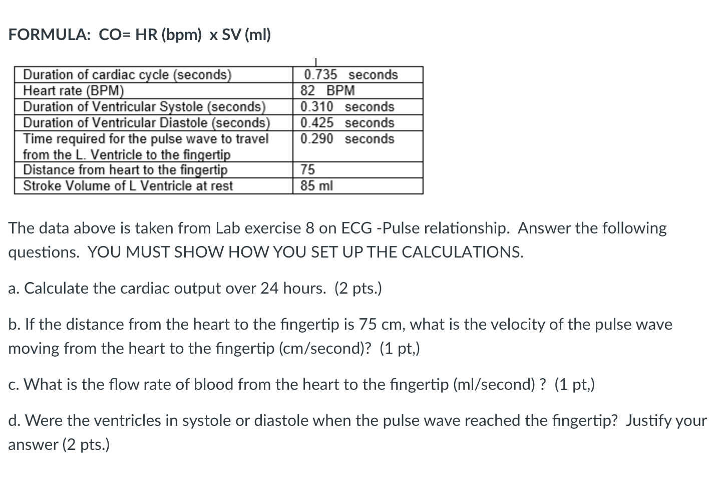 [Solved]: FORMULA: CO =HR(bpm)SV(ml) The data above is take