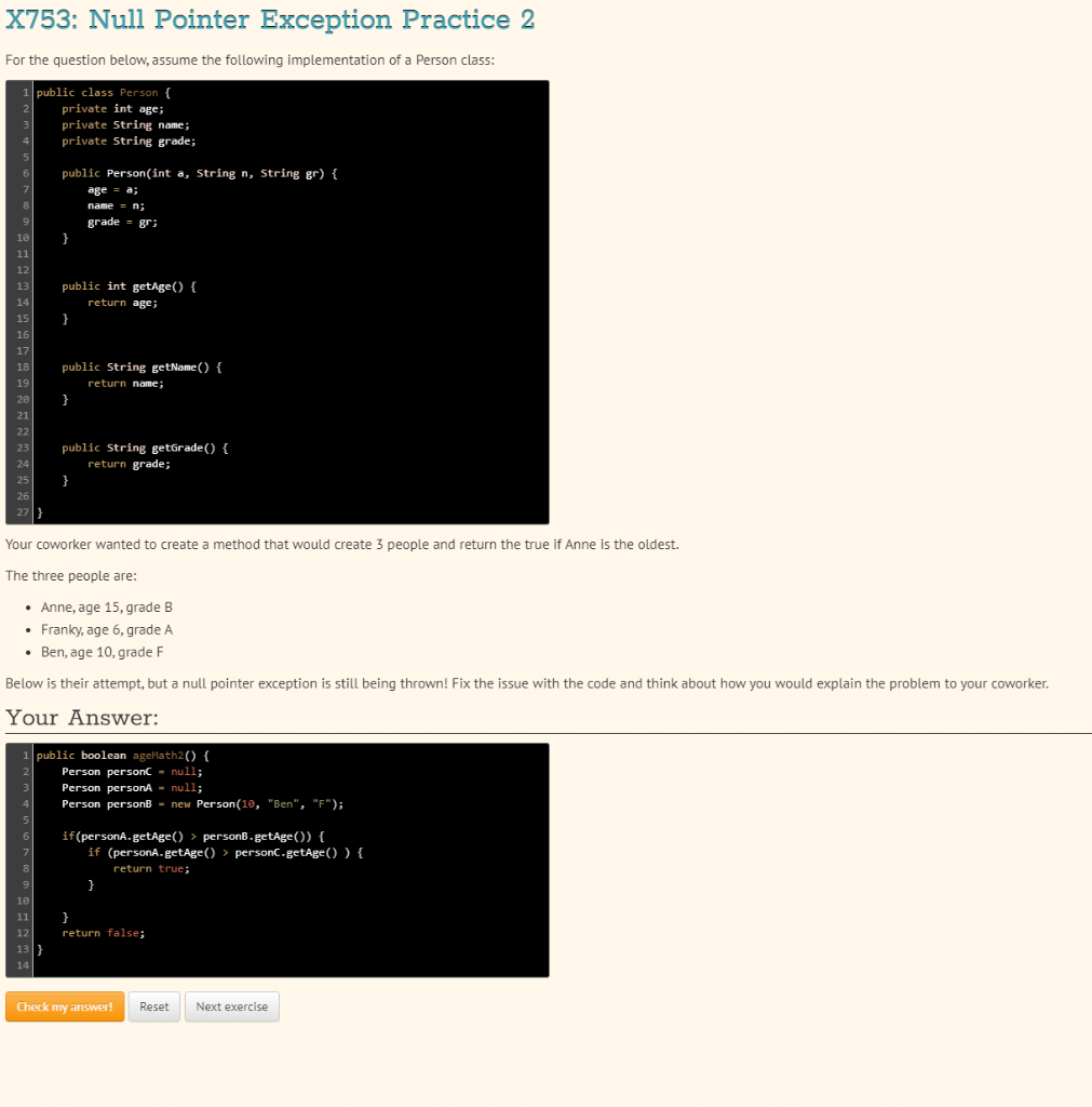 Solved X752: Null Pointer Exception Practice 1 For the | Chegg.com