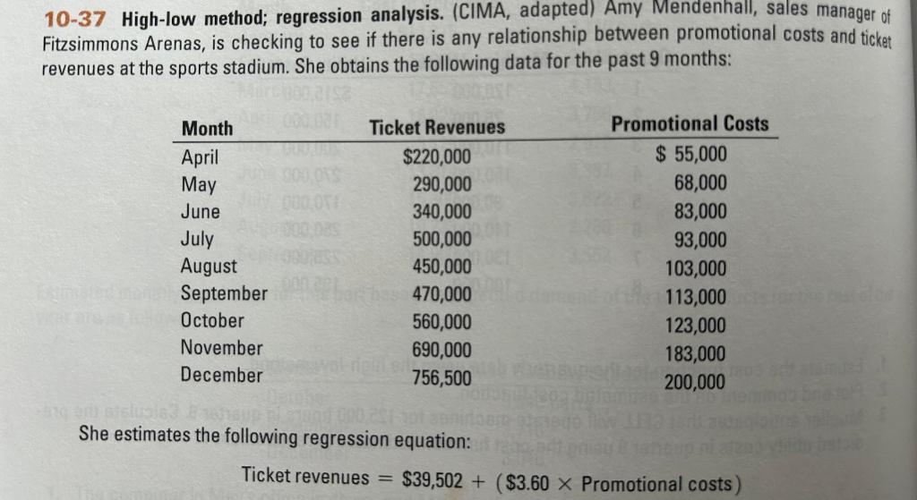 Solved 10 37 High Low Method Regression Analysis Cima