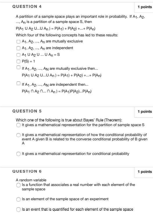 Solved 1 points QUESTION 4 A partition of a sample space | Chegg.com