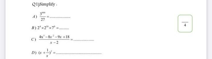 Solved 1)Simplify 27 B)2x2"7" 4x°- 8x-9x +18 C) x-2 D) 6+ | Chegg.com