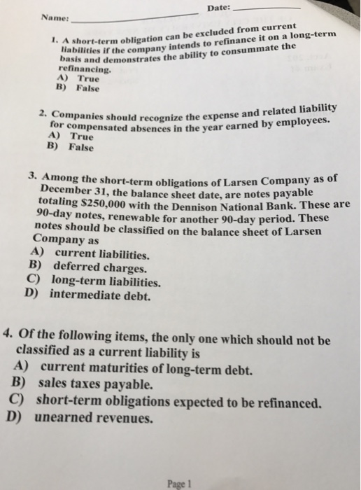 Solved A short-term obligation can be excluded from current | Chegg.com