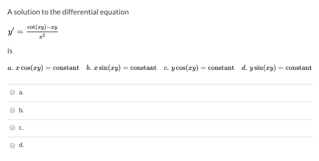 Solved A solution to the differential equation cot(ry)-y is | Chegg.com