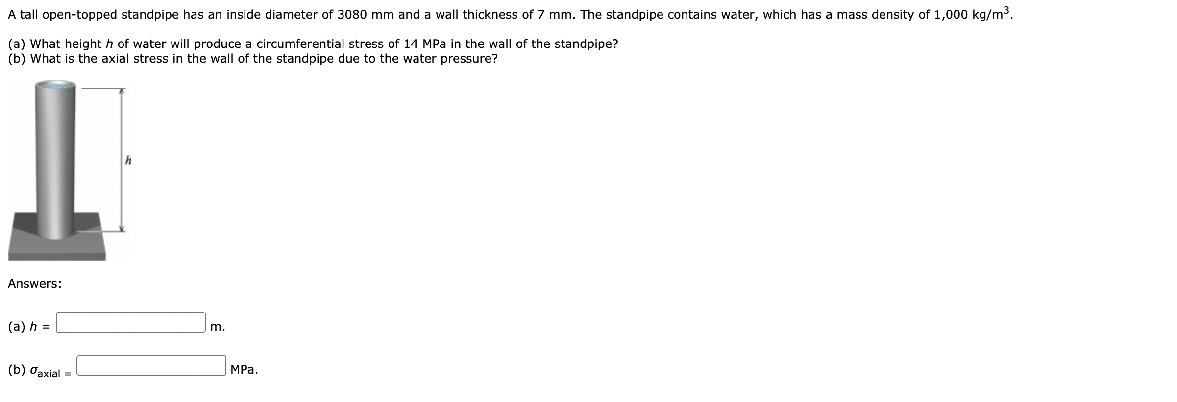 Solved A tall open-topped standpipe has an inside diameter | Chegg.com