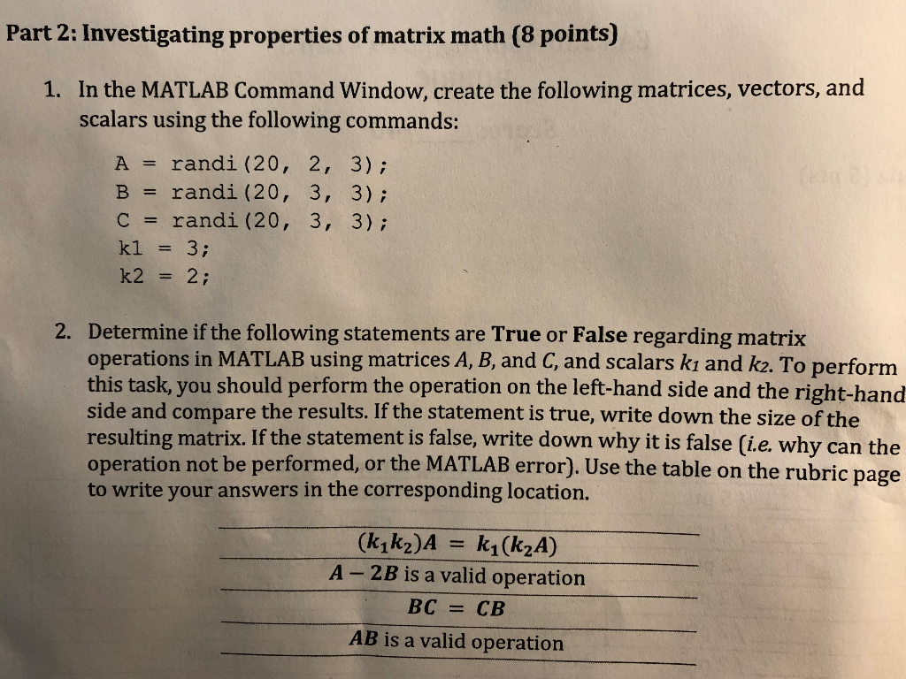 Solved Part 2 Investigating Properties Matrix Math 8 Points Matlab