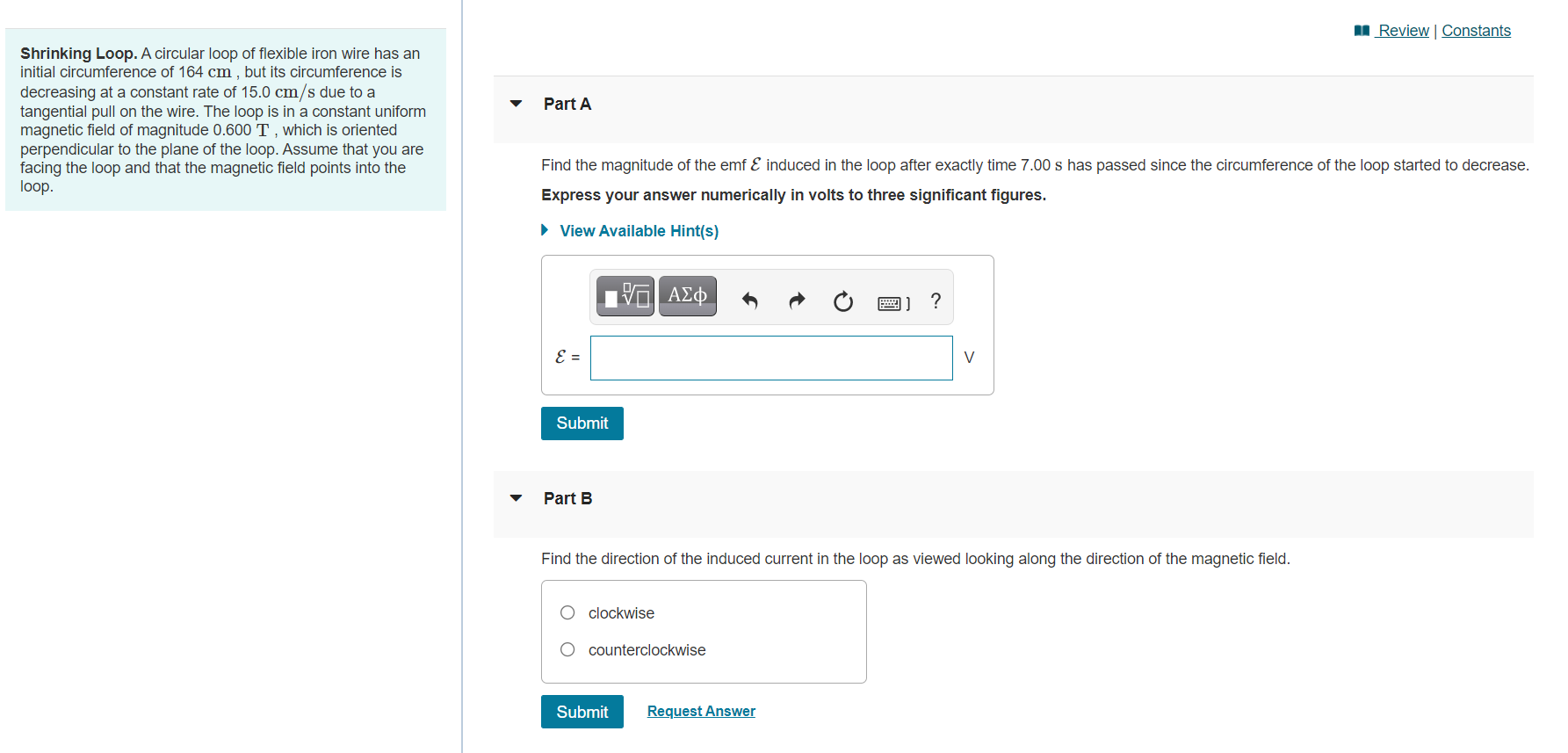 Solved Shrinking Loop. A circular loop of flexible iron wire | Chegg.com