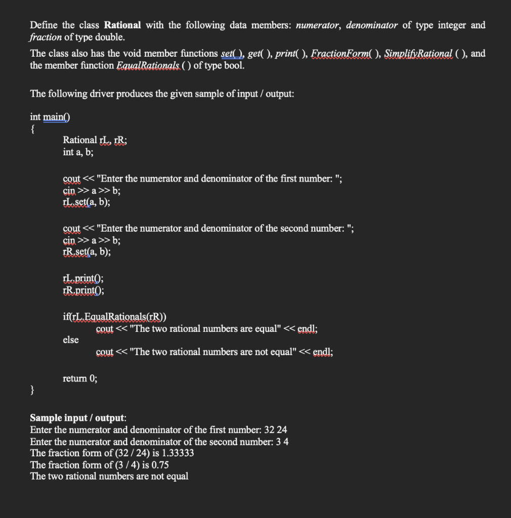 Solved Define the class Rational with the following data | Chegg.com