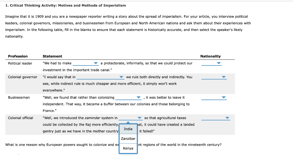 1. Critical Thinking Activity: Motives and Methods of | Chegg.com