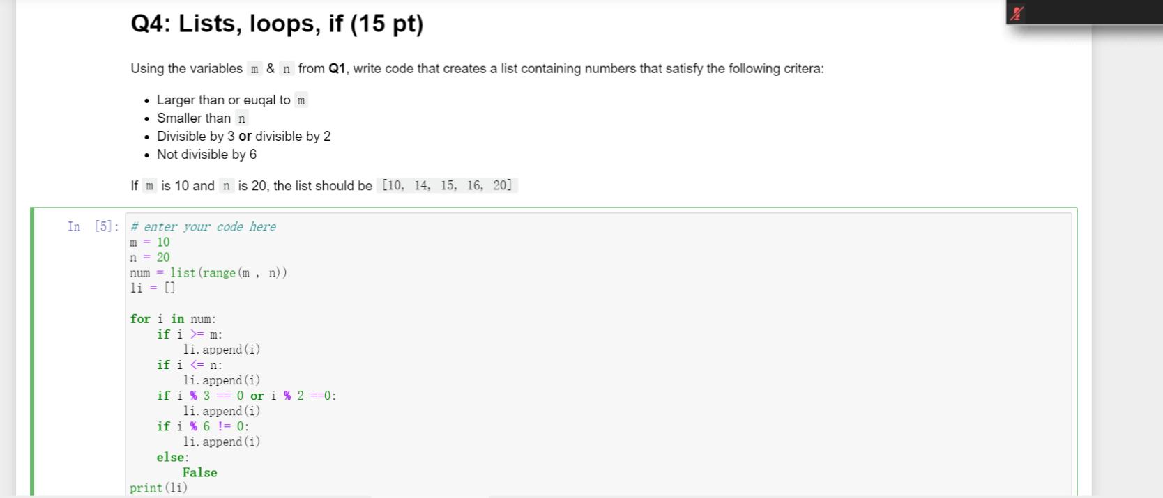Solved Q4 Lists Loops If 15 Pt Using The Variables M And 2634