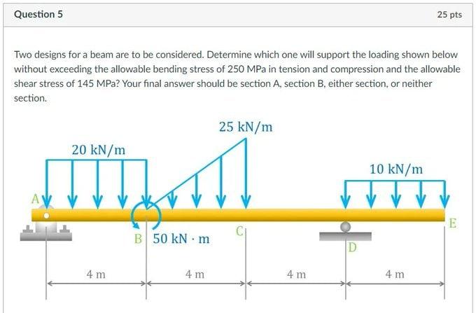 Solved 25 pts Question 5 Two designs for a beam are to be | Chegg.com